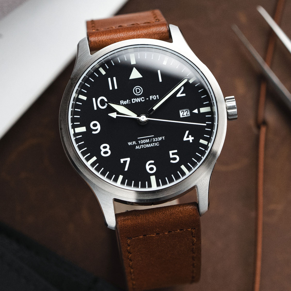 DIY Watchmaking Kit | 40mm Pilot Watch With Date & Brown Leather Strap ...